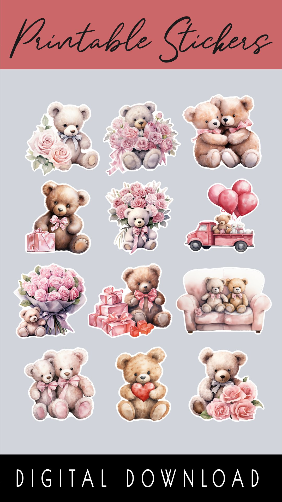 Valentine Teddy Bear Stickers - Valentines Day Sticker Pack
