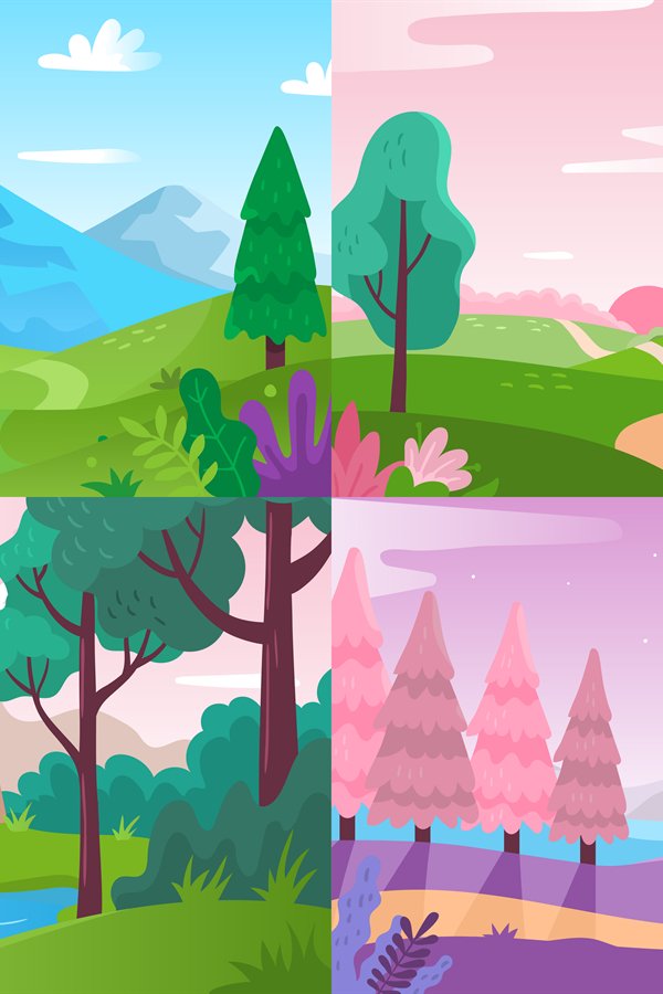 Flat landscape. Summer field nature, forest fauna and waterf