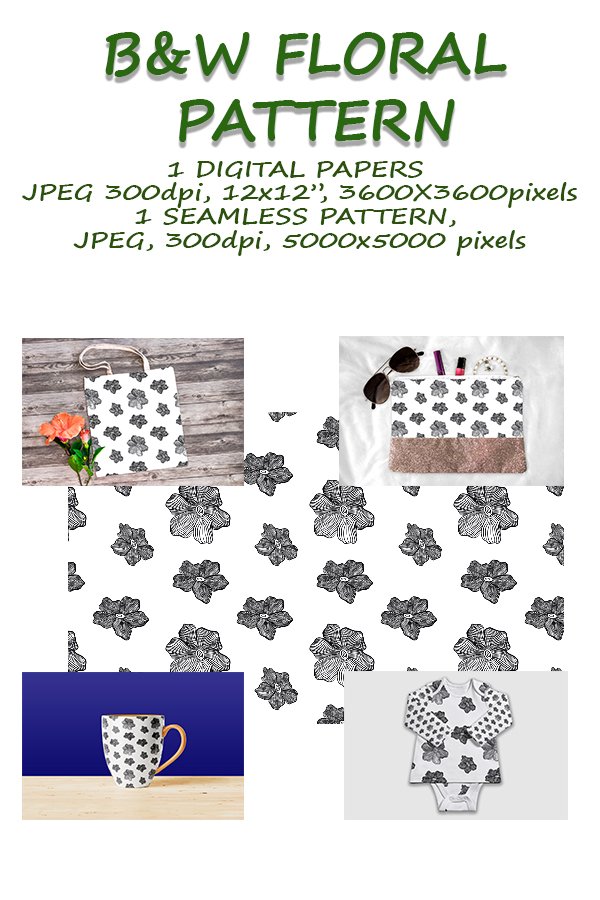 B&W floral seamless pattern 3, digital paper
