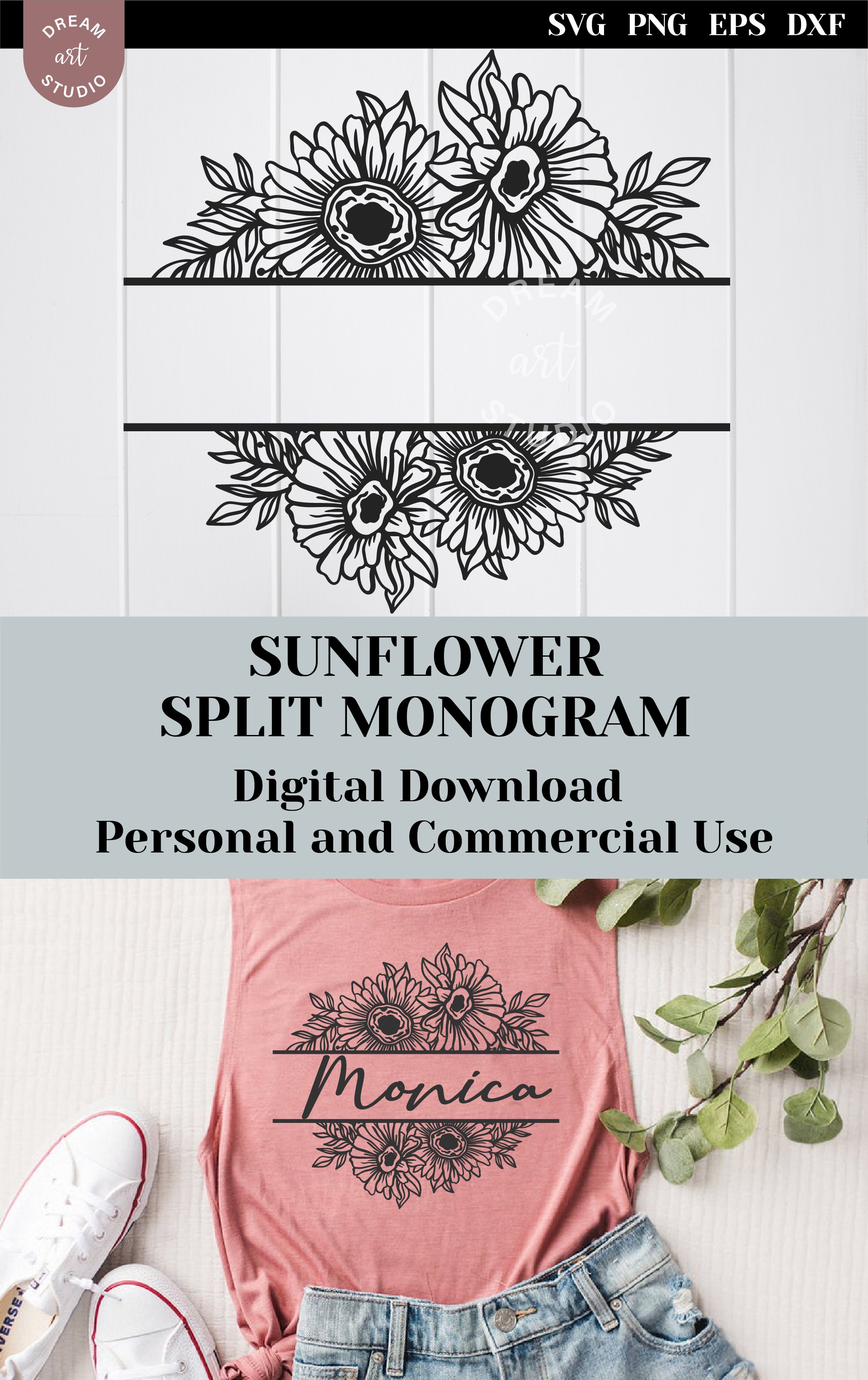 Sunflower monogram svg Split monogram svg Floral frame svg