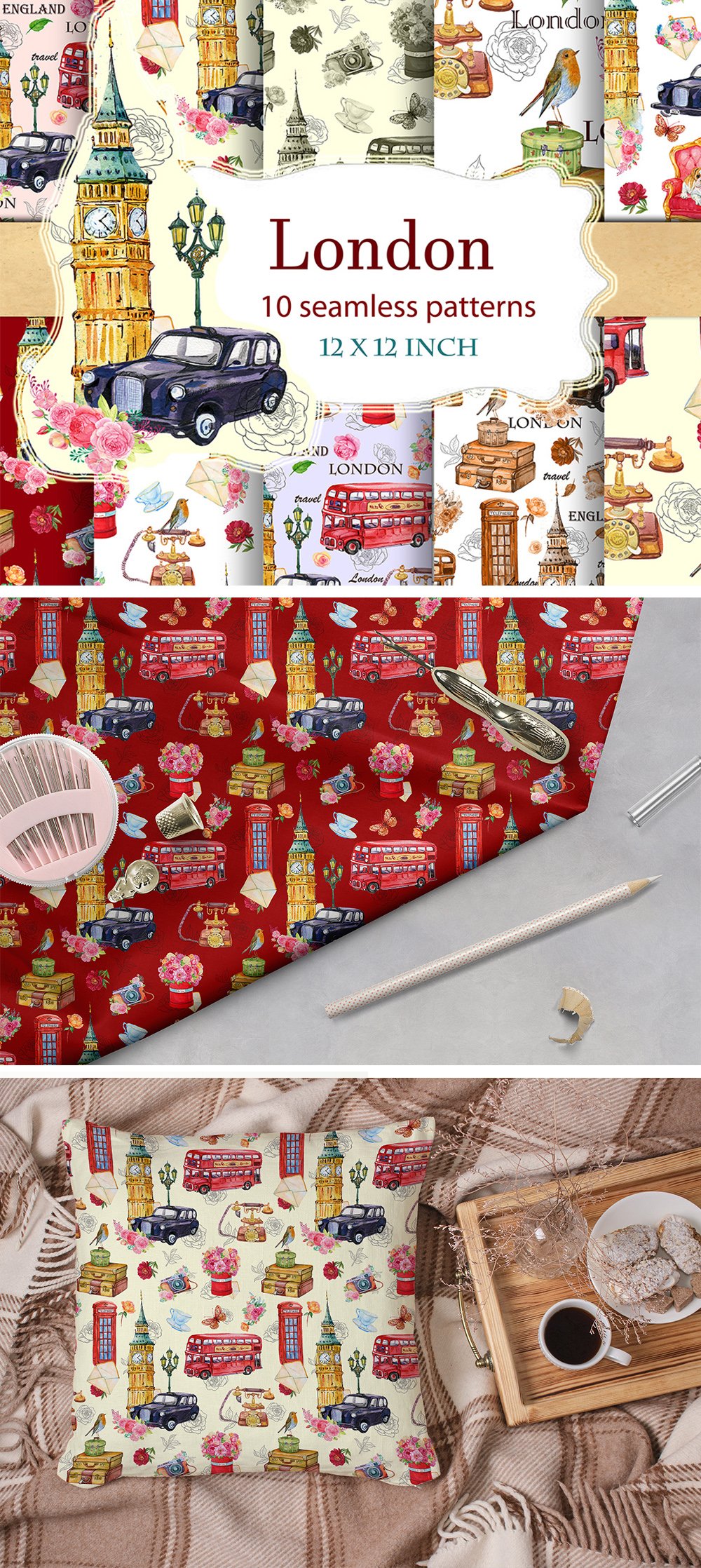 London Seamless Patterns, Digital Paper, Travel illustration