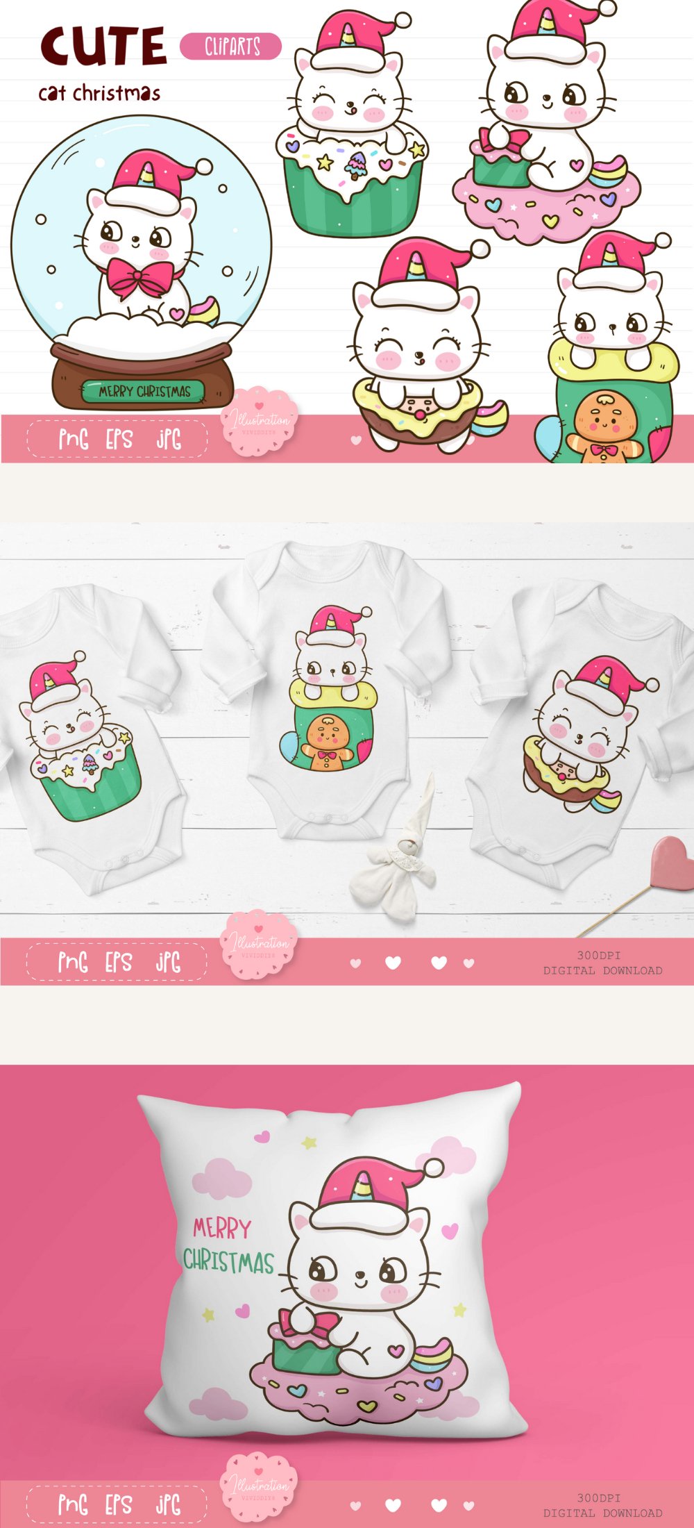 Cute santa cat Christmas animal with gift. X mas card