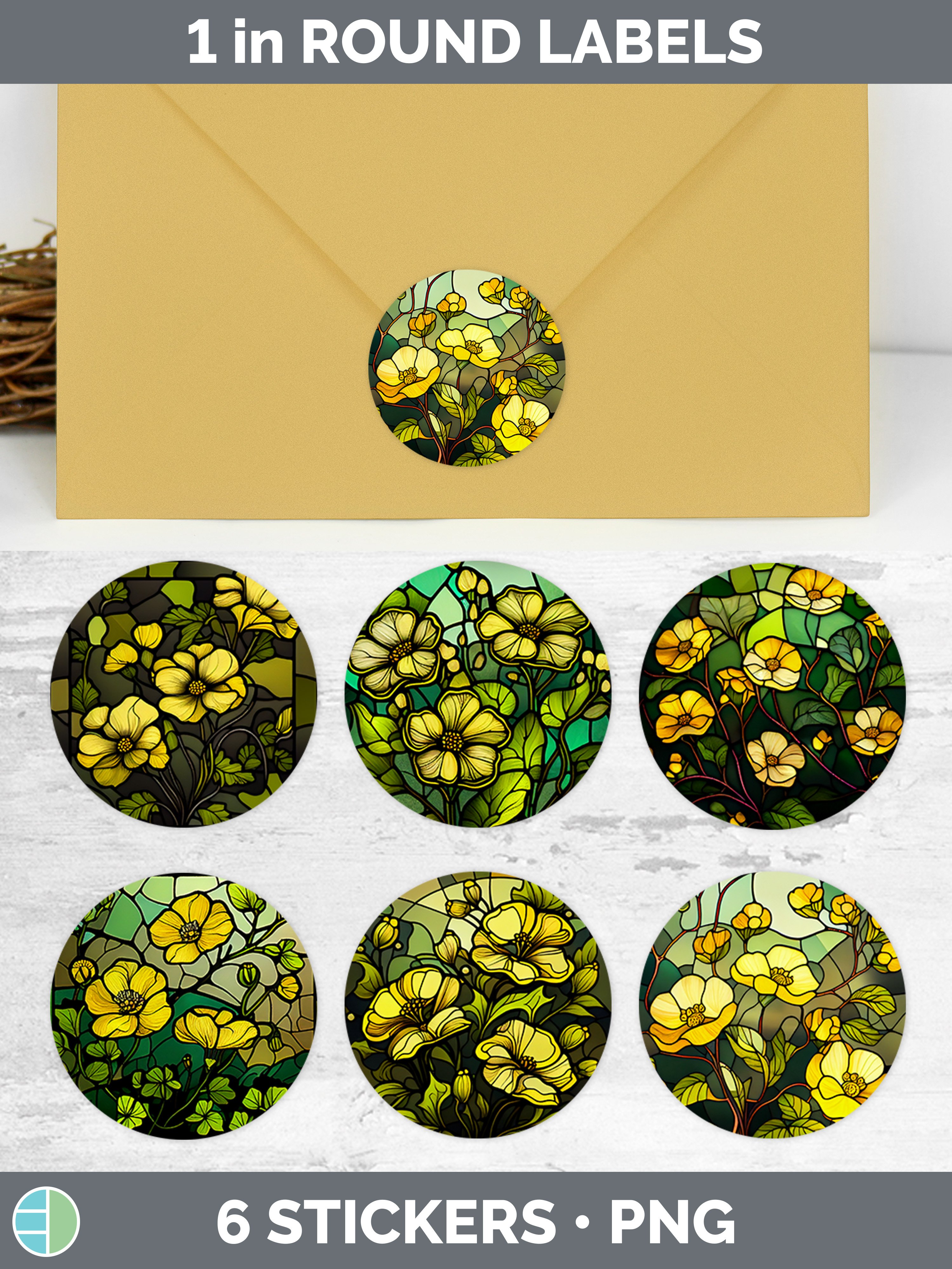 Stained Glass Buttercup Flowers Stickers | Round Labels Desi