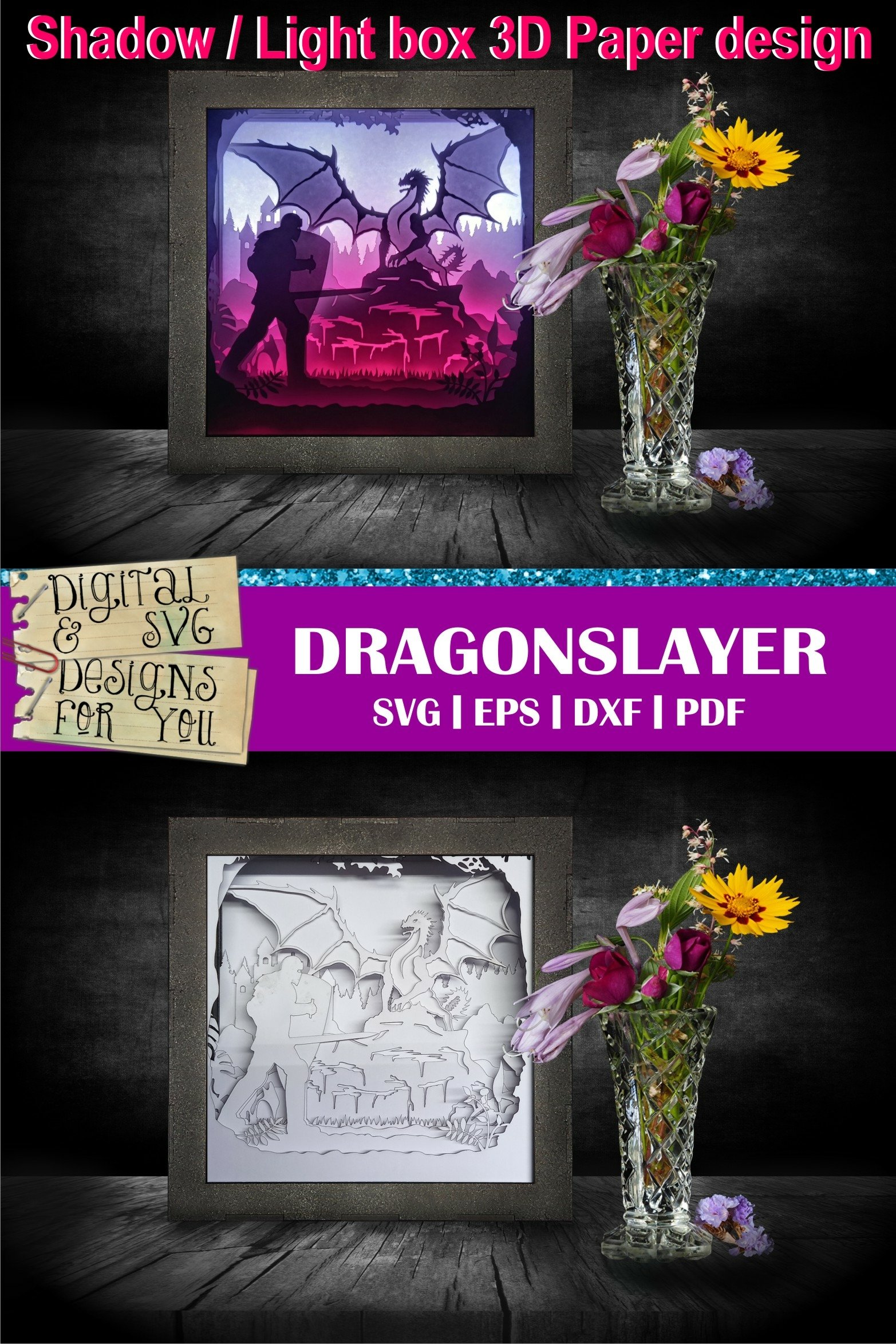 Dragonslayer - 3D Light box | 3d Shadow box | Knight svg