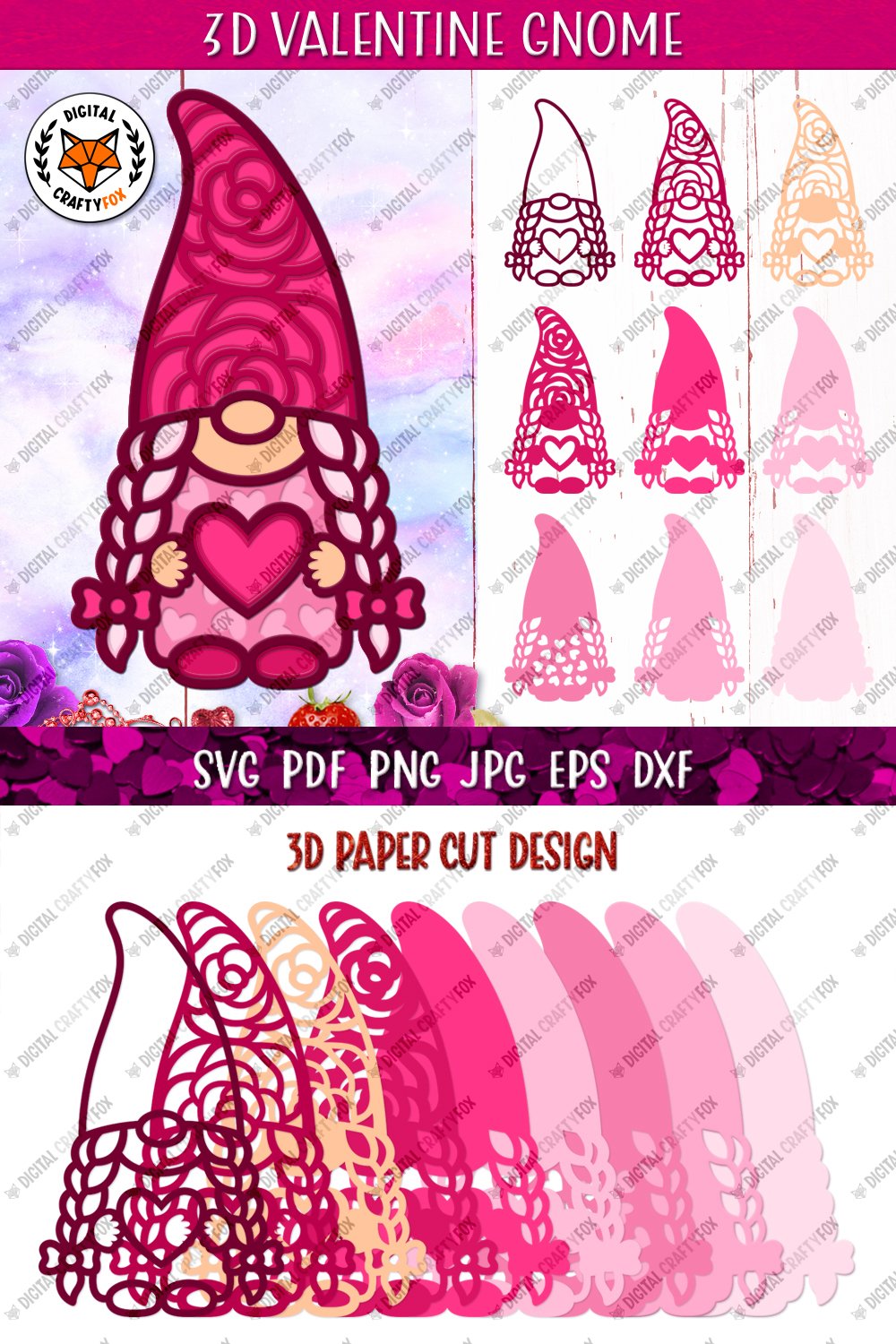 3D Valentine Gnome Girl, Valentines Day Paper Cut