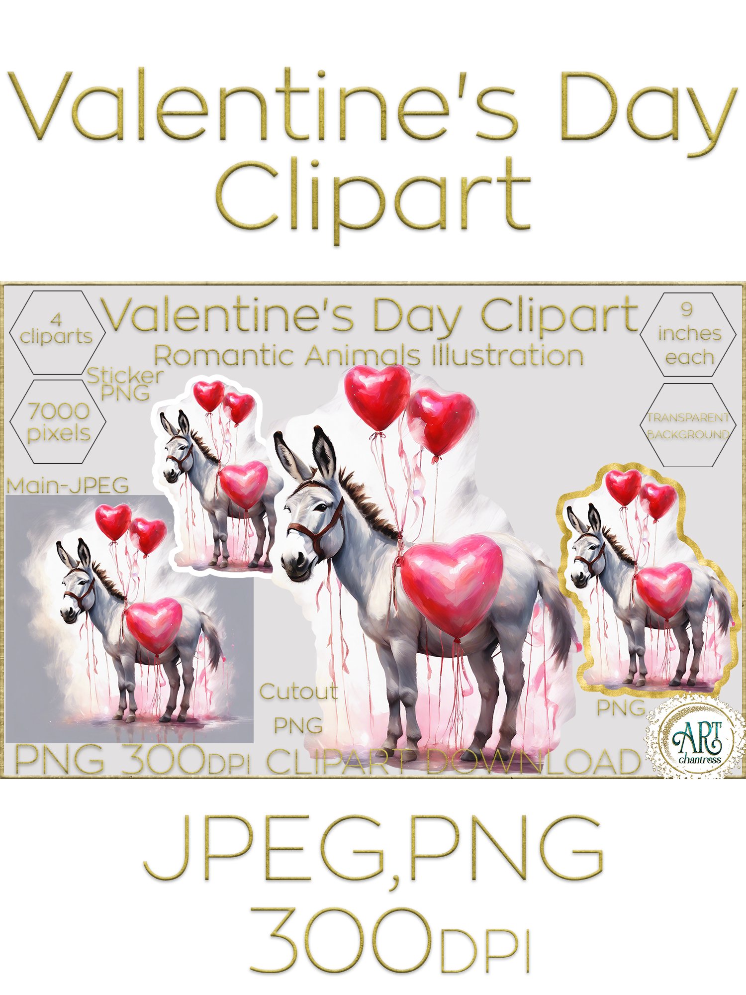 Valentines Day Animal Clipart Donkey Heart Balloon Decor PNG
