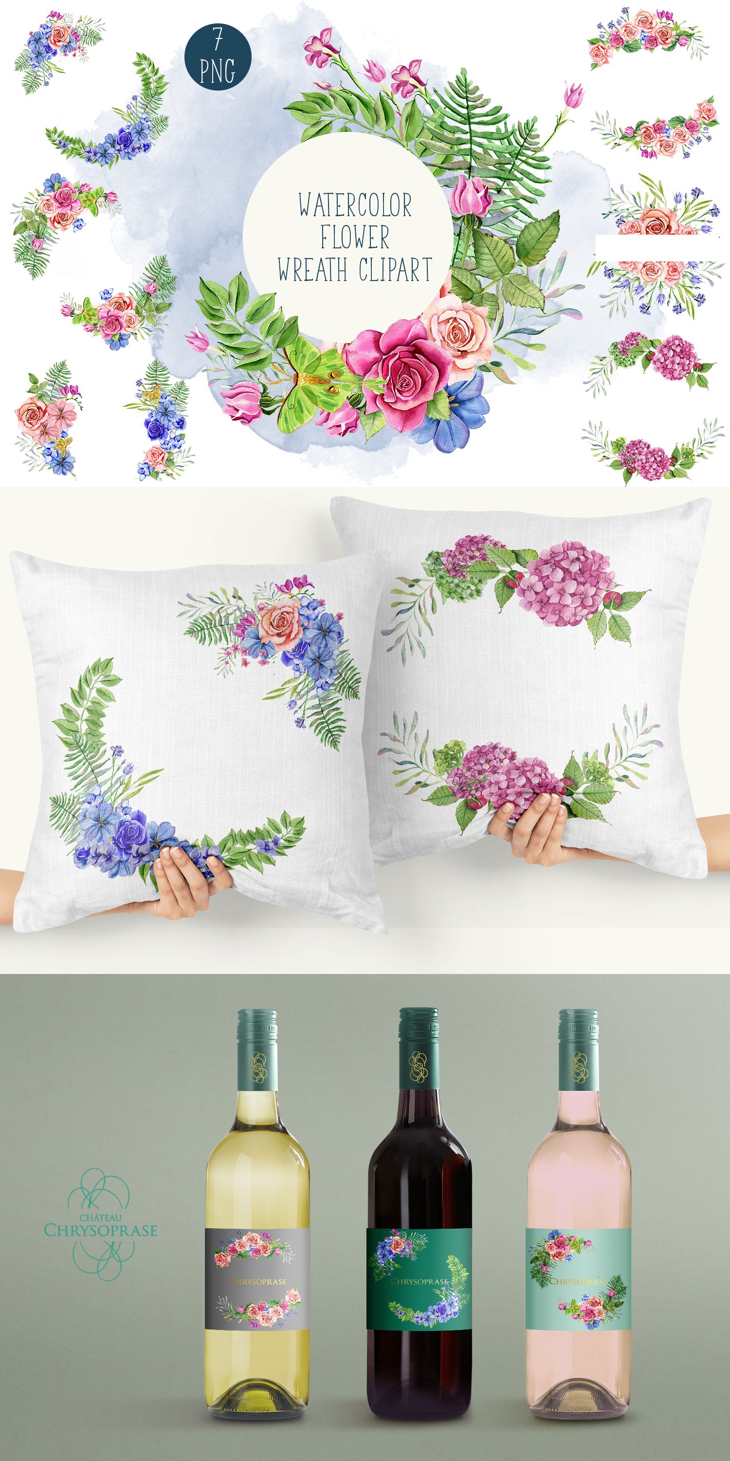 Watercolor flower wreath clipart. Sublimation PNG (1937825)