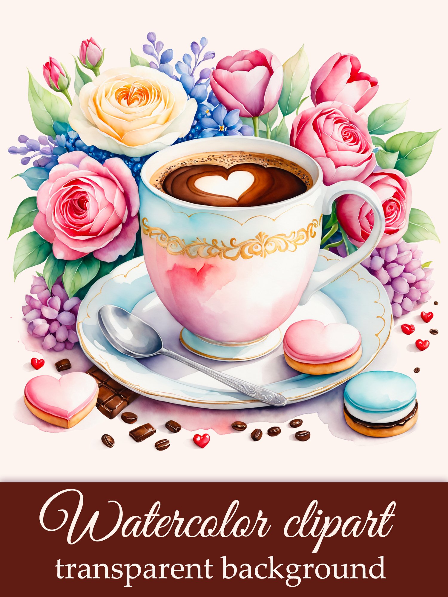 Watercolor coffee cup with hearts and chocolate, clipart Png