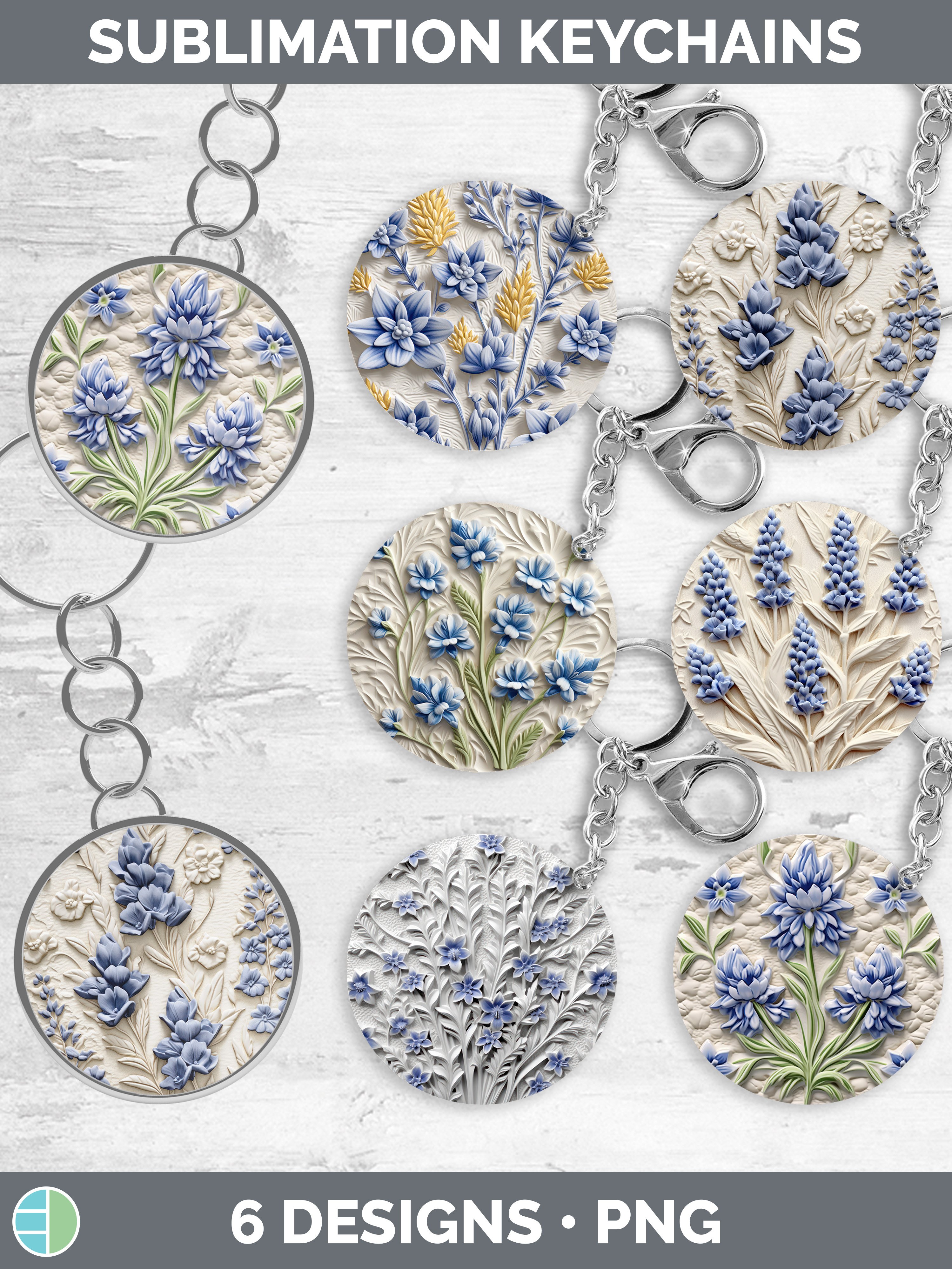 3D Bluebonnet Flowers Keychain | Sublimation Keyring Designs