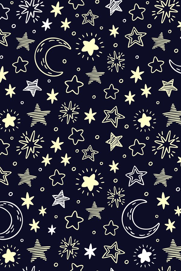 Star pattern. Starry sky, crescent moon and bright yellow st