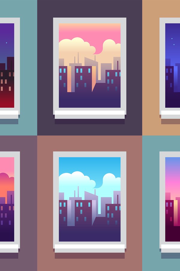 Windows day time. Early morning sunrise sunset, noon and dus