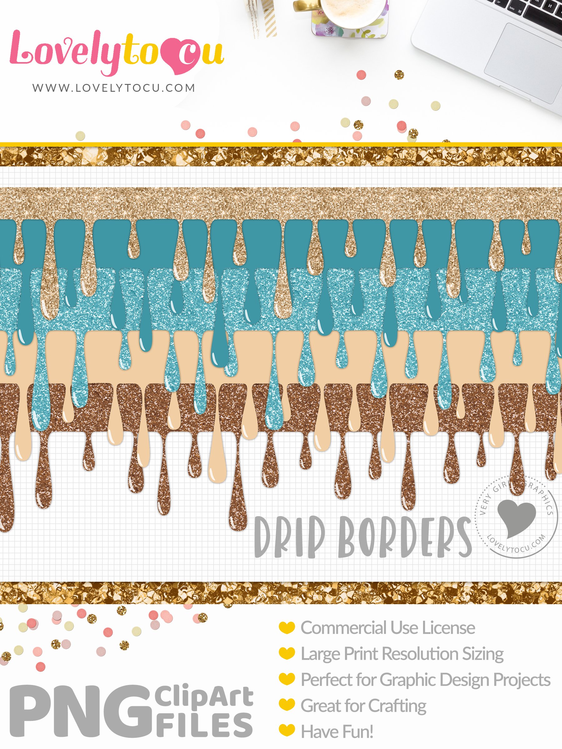 Glitter drip borders, graphic design elements, (2079336)