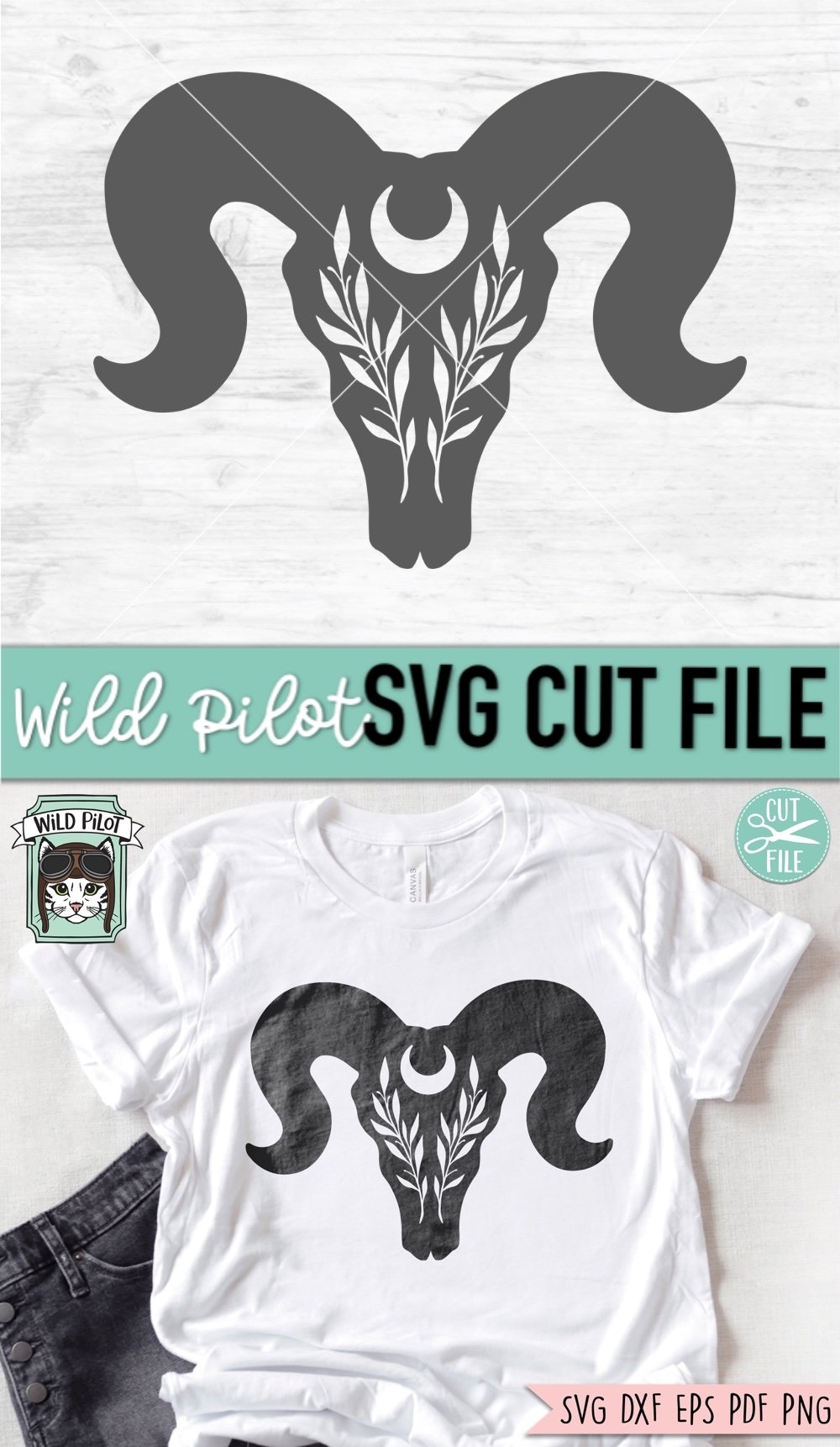 Ram Skull SVG, Animal Skull, Mystical, Crescent Moon, Leaves