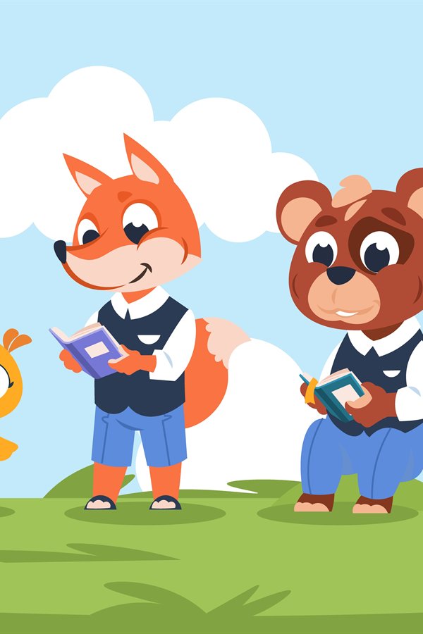 Reading animal characters. Cute cartoon kids characters read