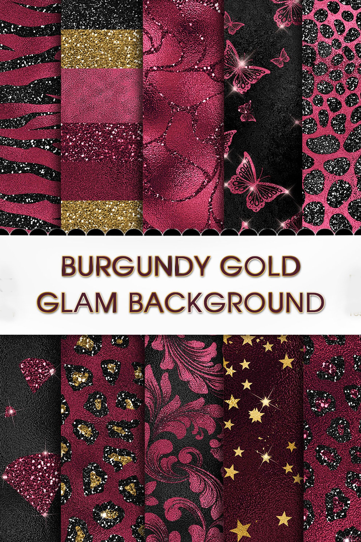 Burgundy Gold Glitter Digital Paper, butterfly tiger