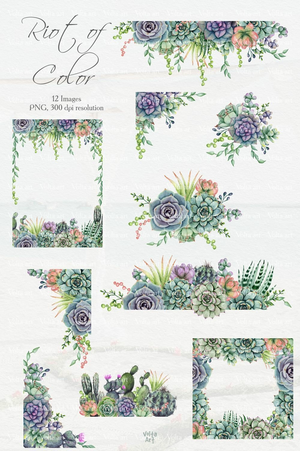 Watercolor succulents frames and bouquets, Tropical plants