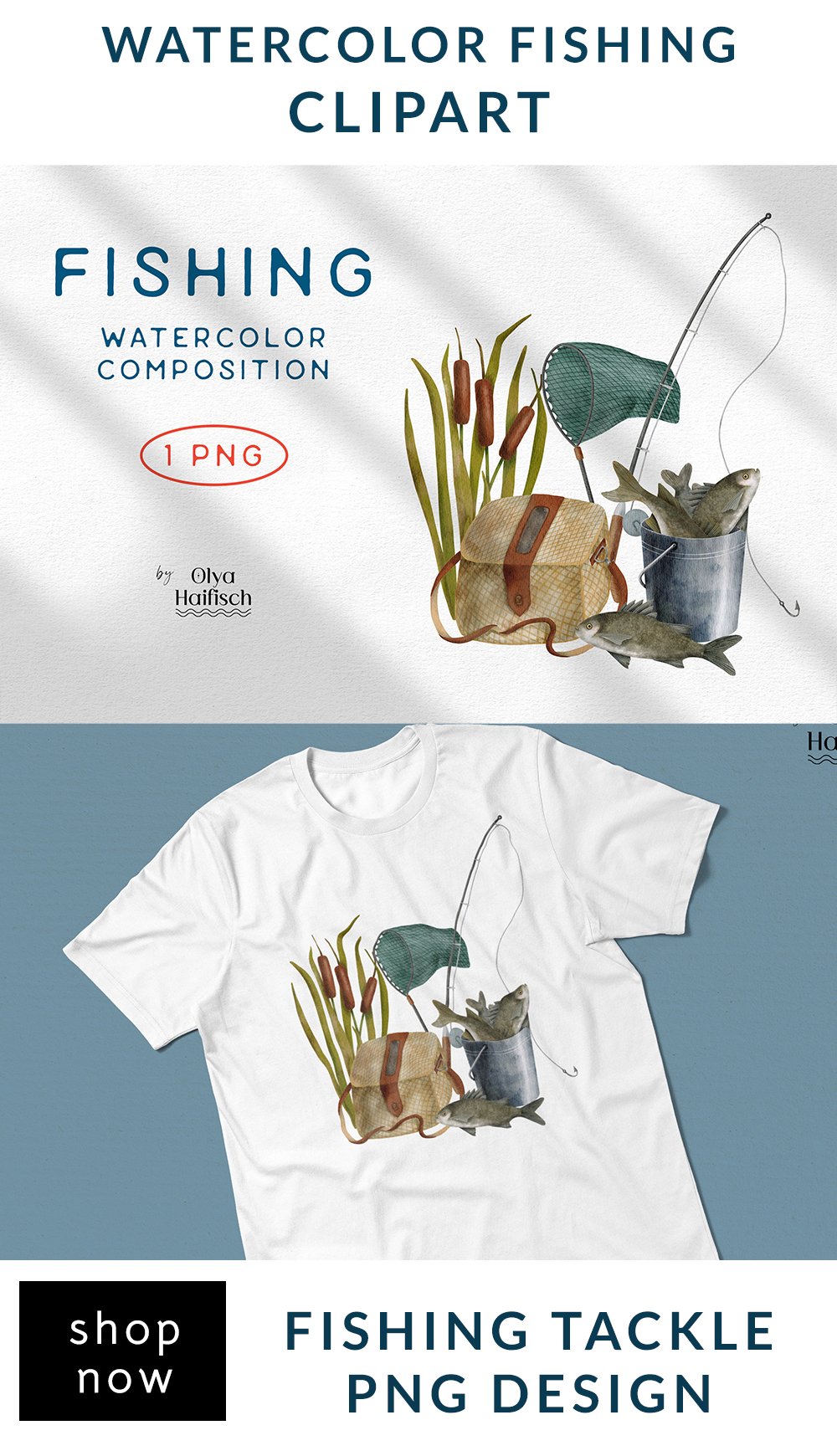 Fishing Watercolor Clipart. Fishing rod and catch of fish
