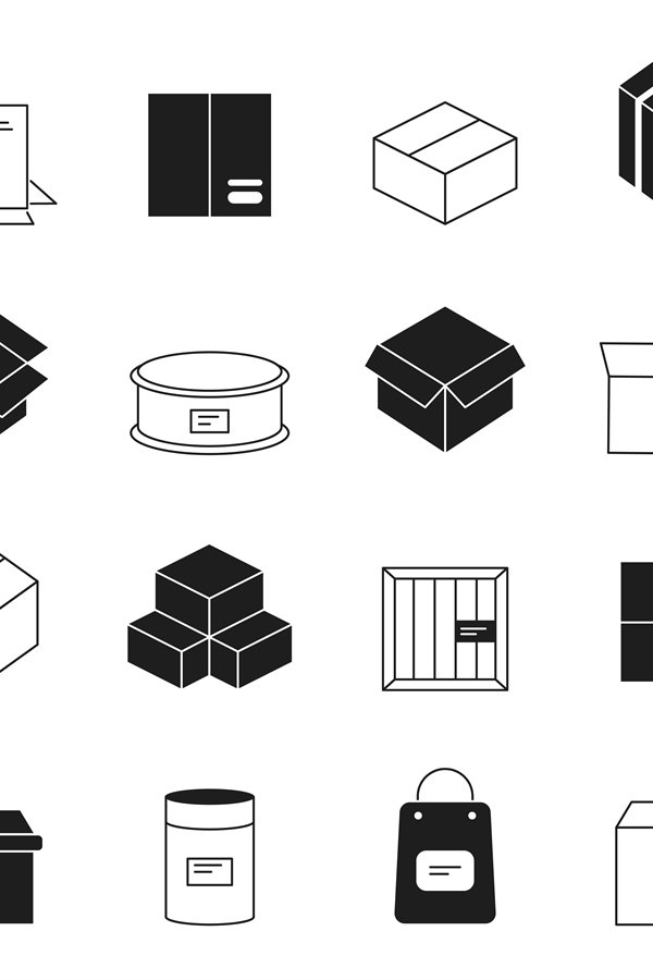 Box symbols. Wooden and cardboard stack export boxes opened