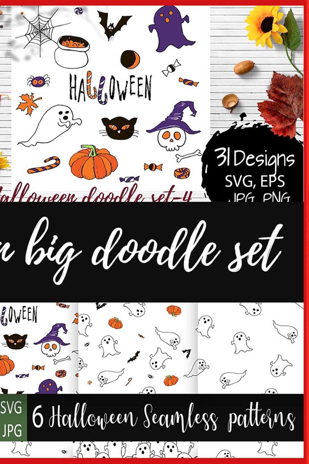 Halloween hand drawn purple and orange doodle set. PNG, SVG