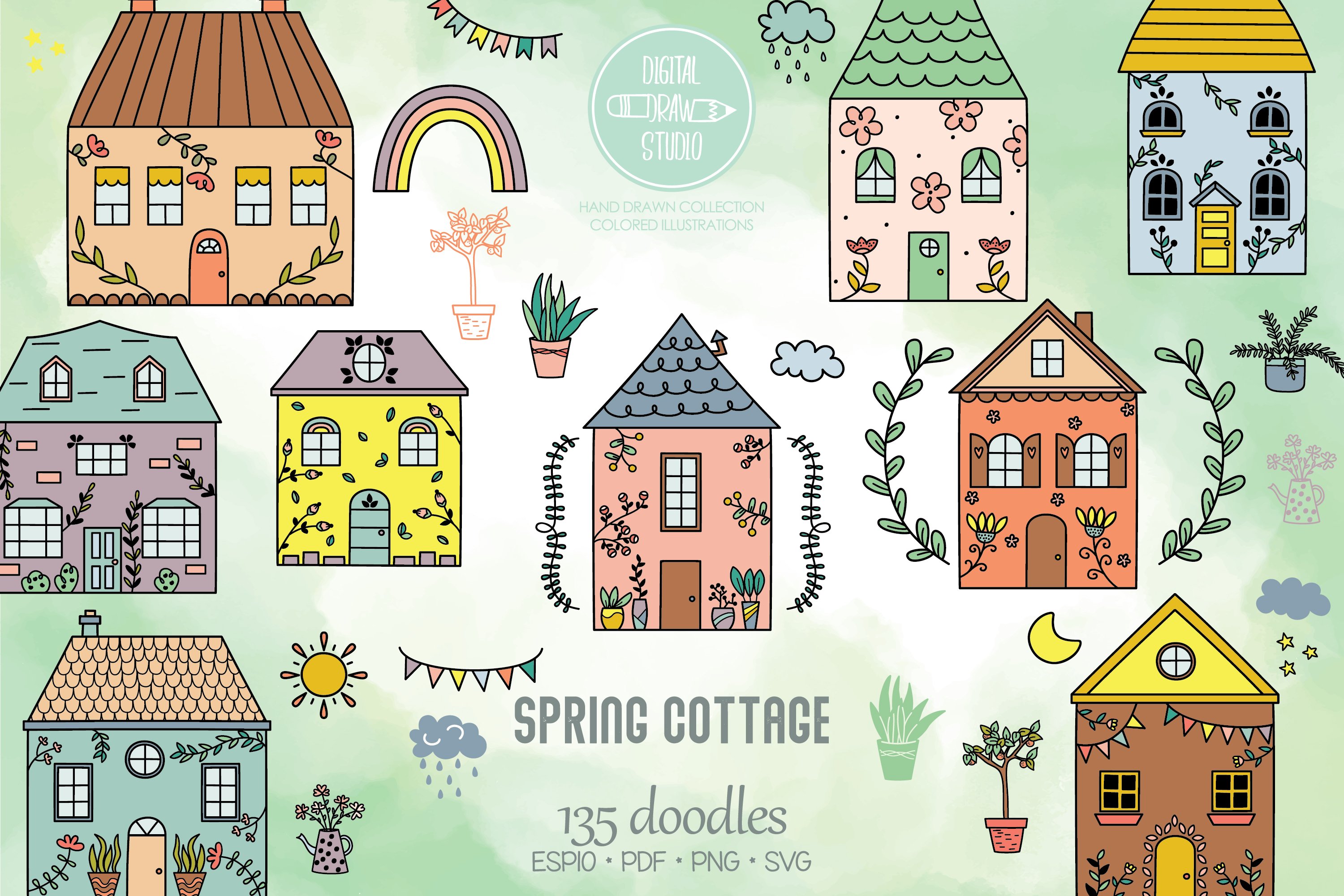 Floral Cottage Color Doodles, Home, House, Flower, Plants