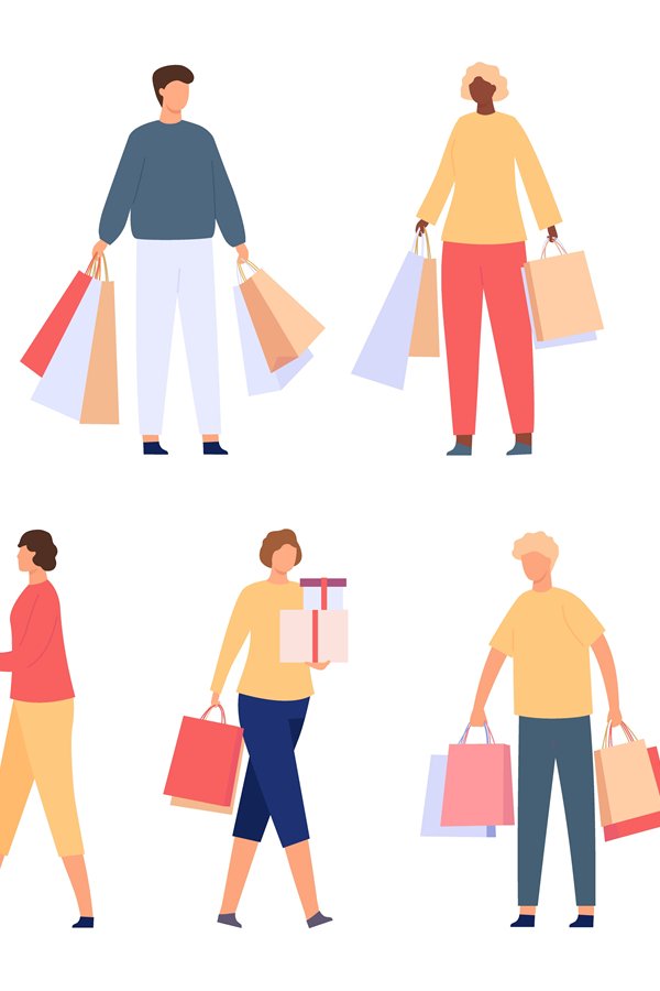 Shopping people. Male and female consumers with shop bags, g