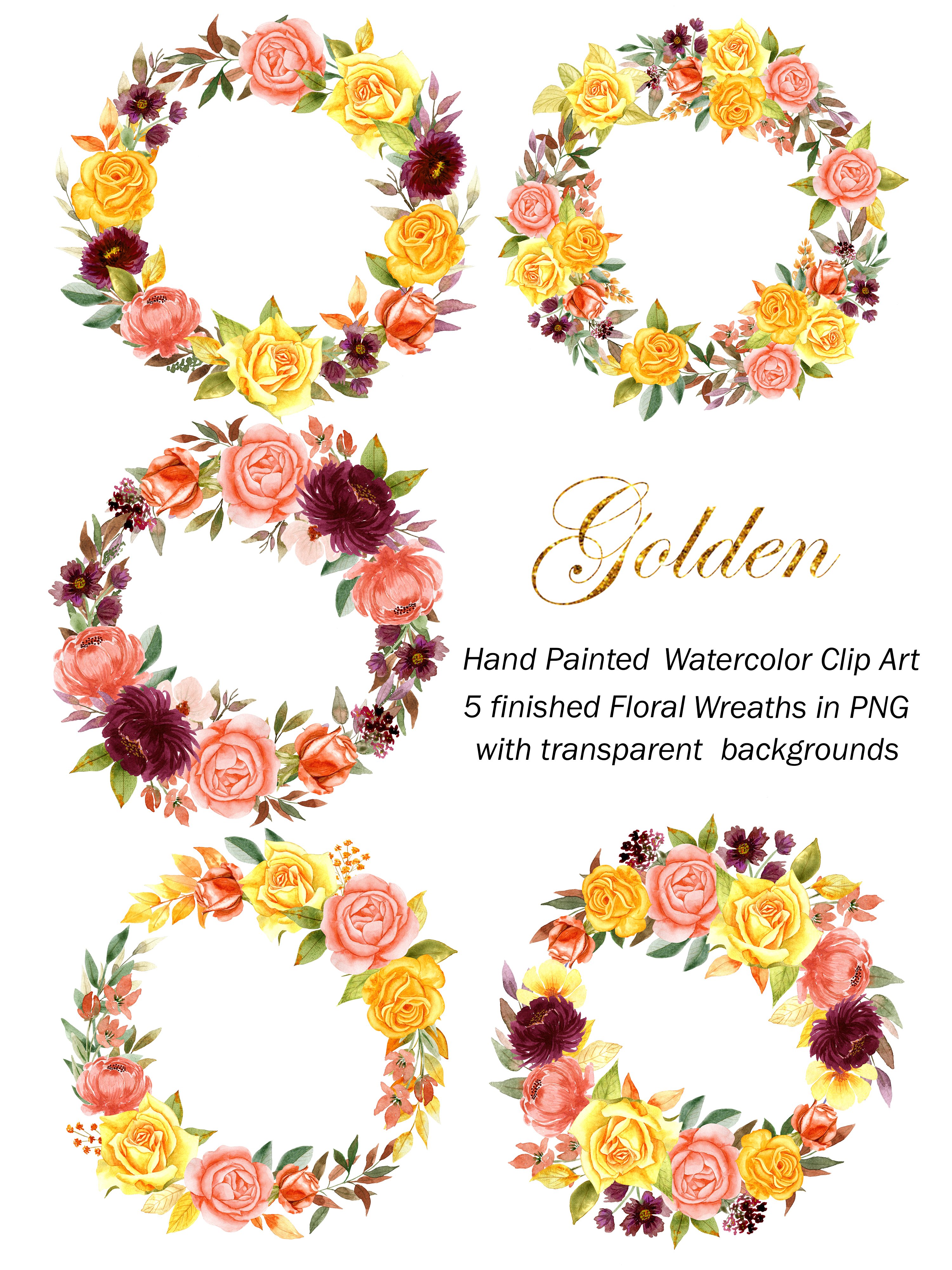 Watercolor Floral Wreath Clipart - Gold / Watercolor Roses