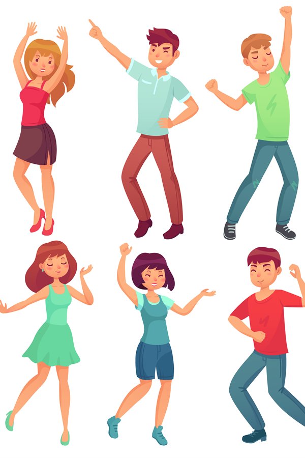 Cartoon dancing people. Happy dance of excited teenager, you