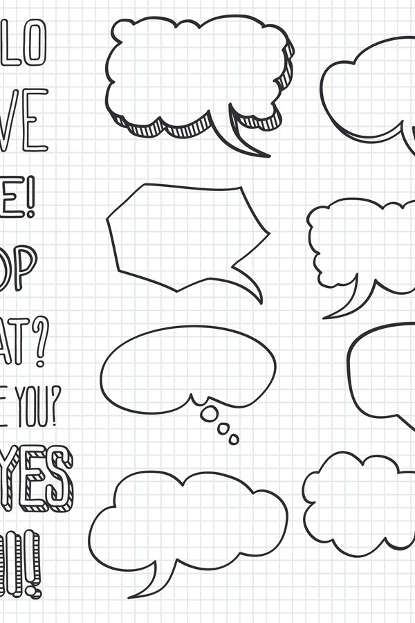 Hand drawn emotional phrases and speech bubbles on notebook