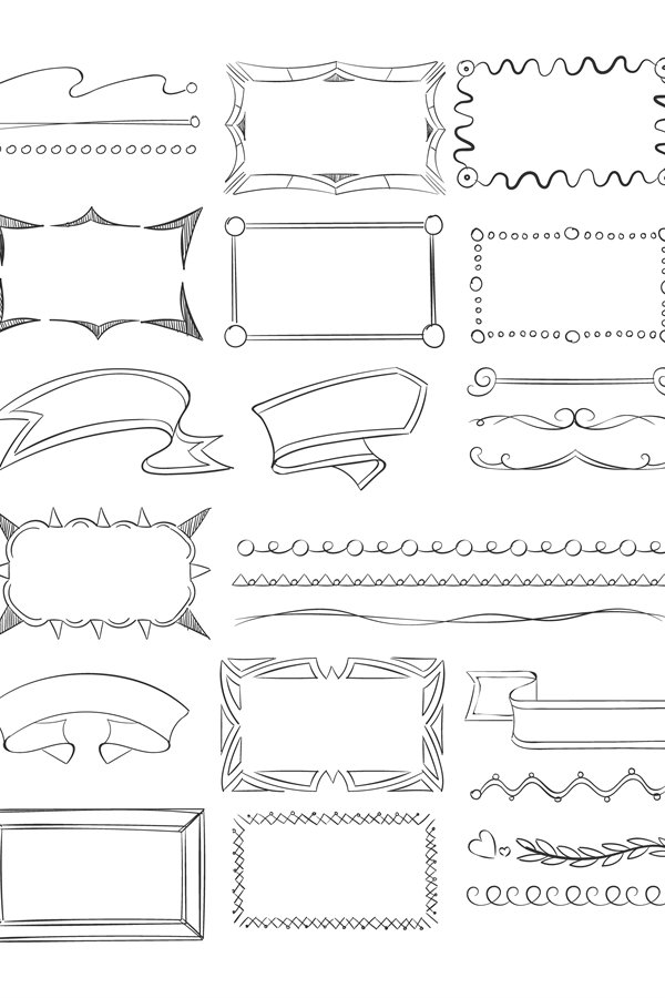 Doodle frame borders, hand drawn ribbon banners and sketch d