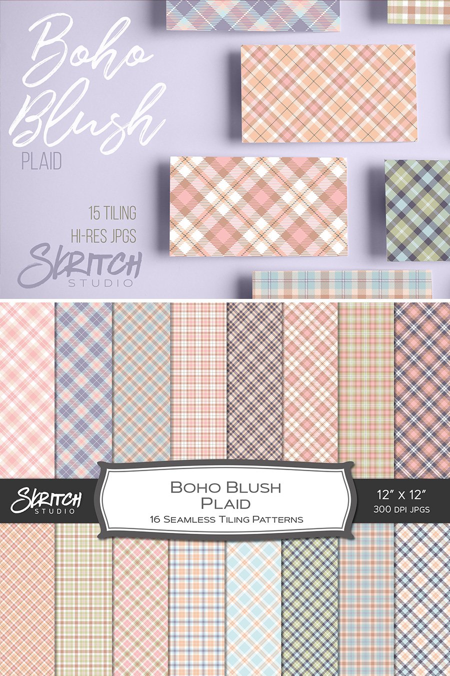 Boho Blush Plaid 16 Tileable Digital Papers