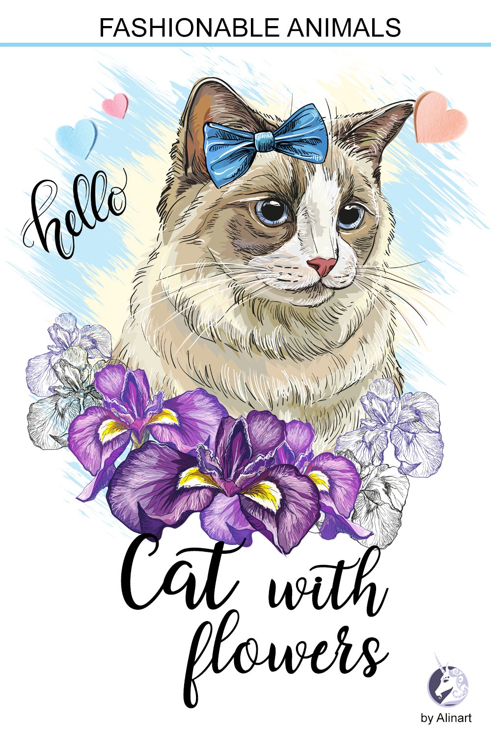 Cute cat with flowers illustration