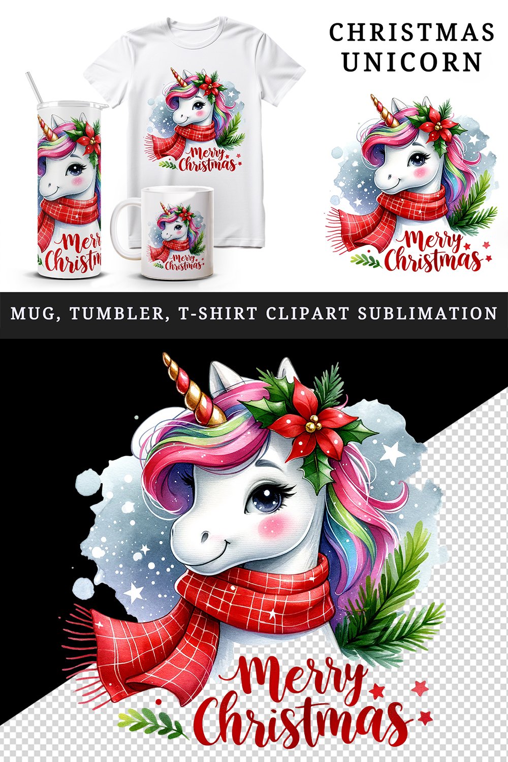 Christmas Unicorn tumbler, mug wrap, clipart sublimation png
