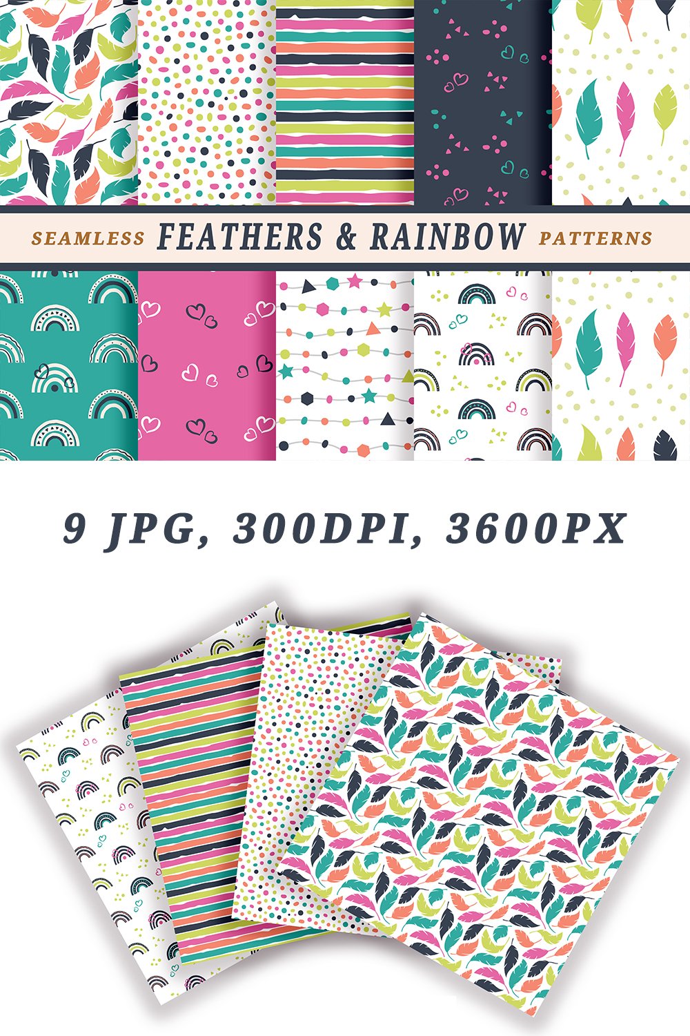 Boho Feathers, Rainbow, 9 seamless pattern background