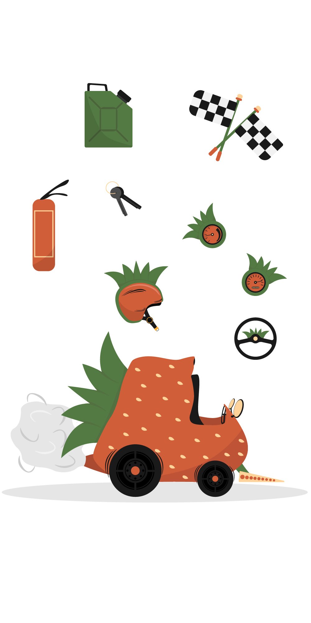 Cartoon strawberry car on wheels with racing car accessories