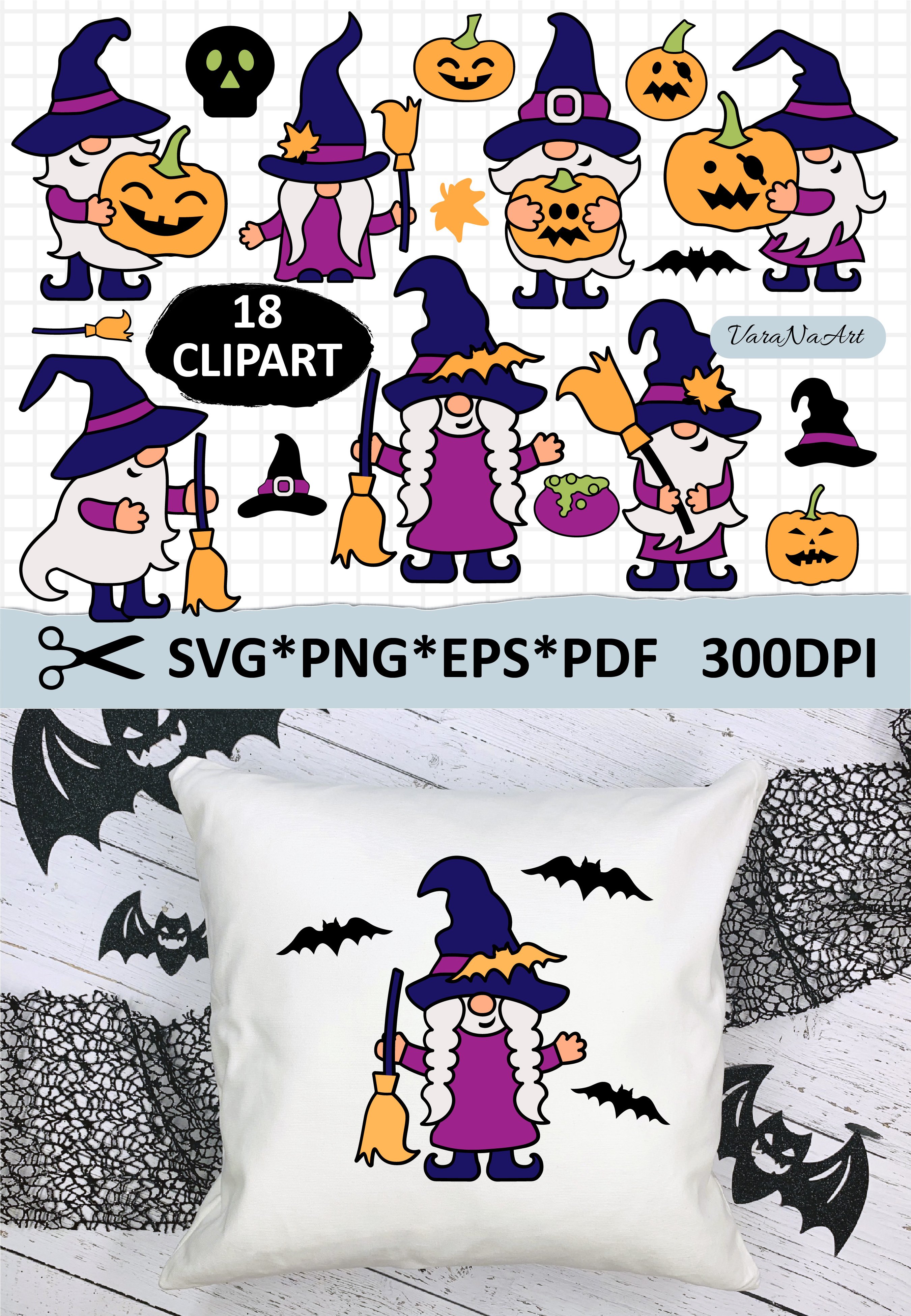 Halloween 7 gnomes characters and 11 elements. SVG files.
