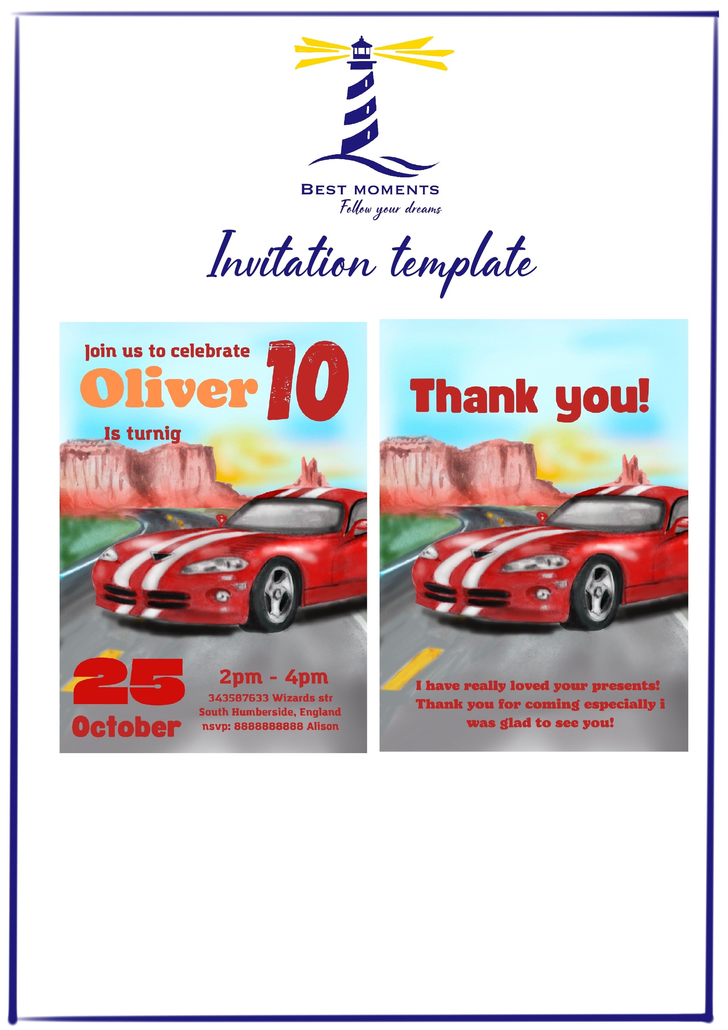 Car birthday invitation canva template