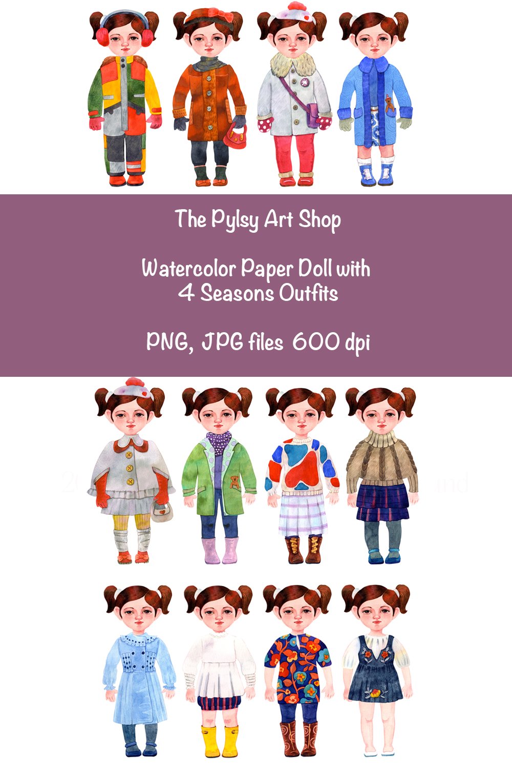Watercolor PAPER DOLL with 4 Season Outfits. PNG and JPG