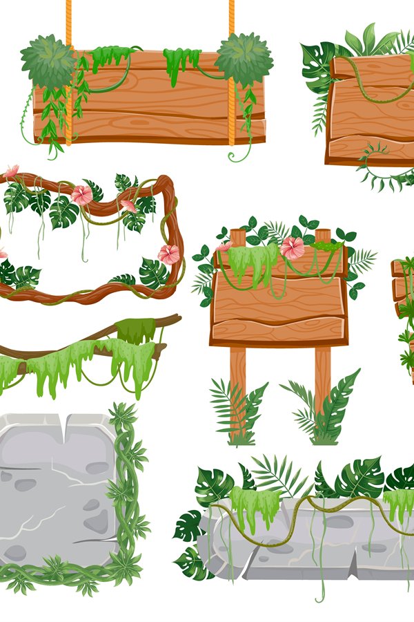 Jungle wooden and stone signs. Tropical game ui elements, si
