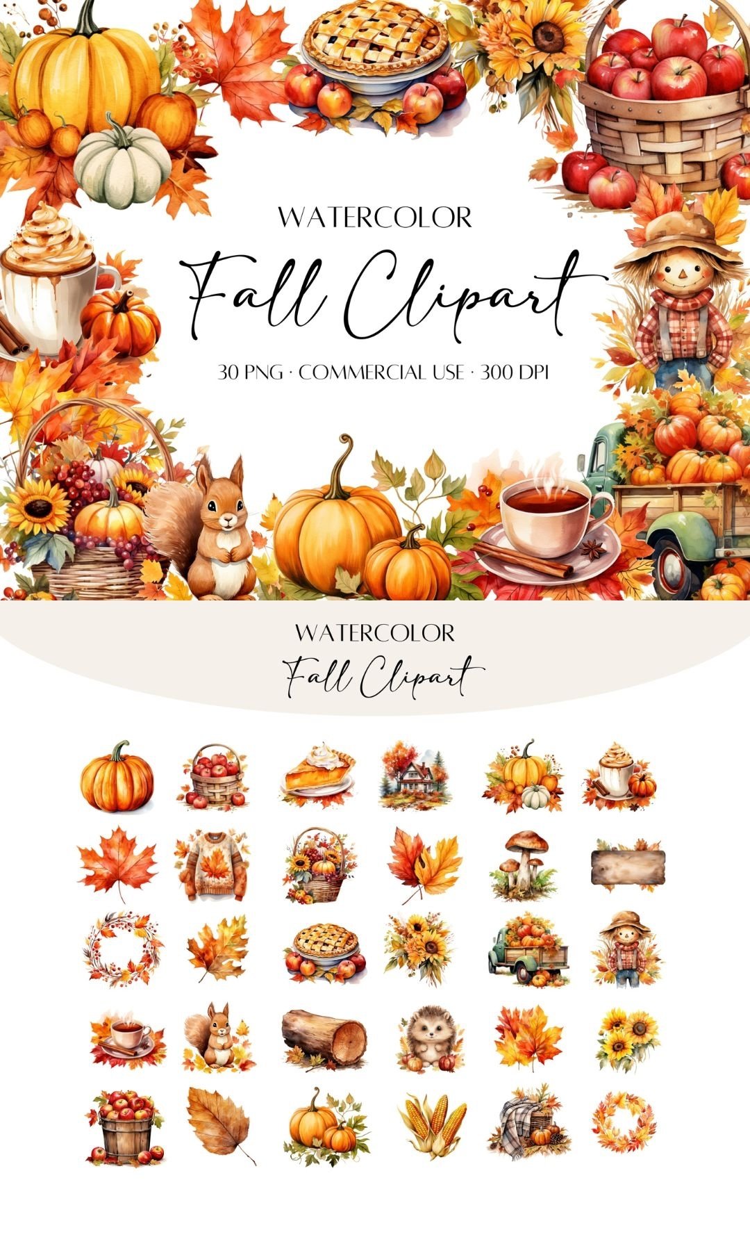 30 Watercolor Fall Clipart, Watercolor Autumn Elements png