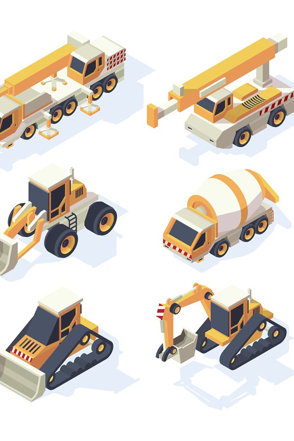 Construction equipments. Machinery isometric building techni