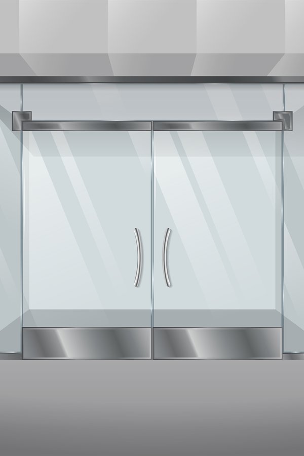 Realistic facade of shopping mall with glass doors and windo