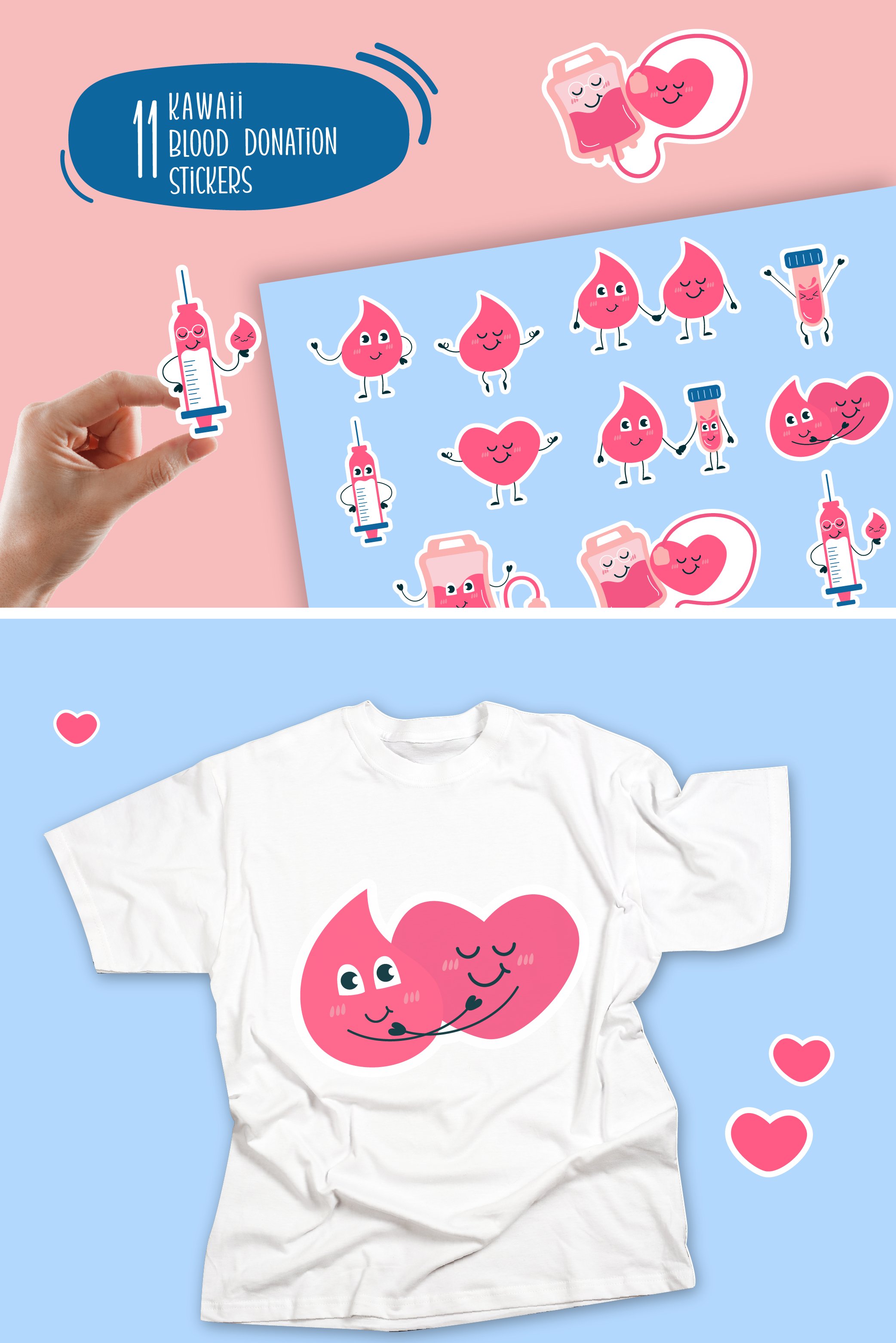 Blood donation stickers character drops, heart, syringe