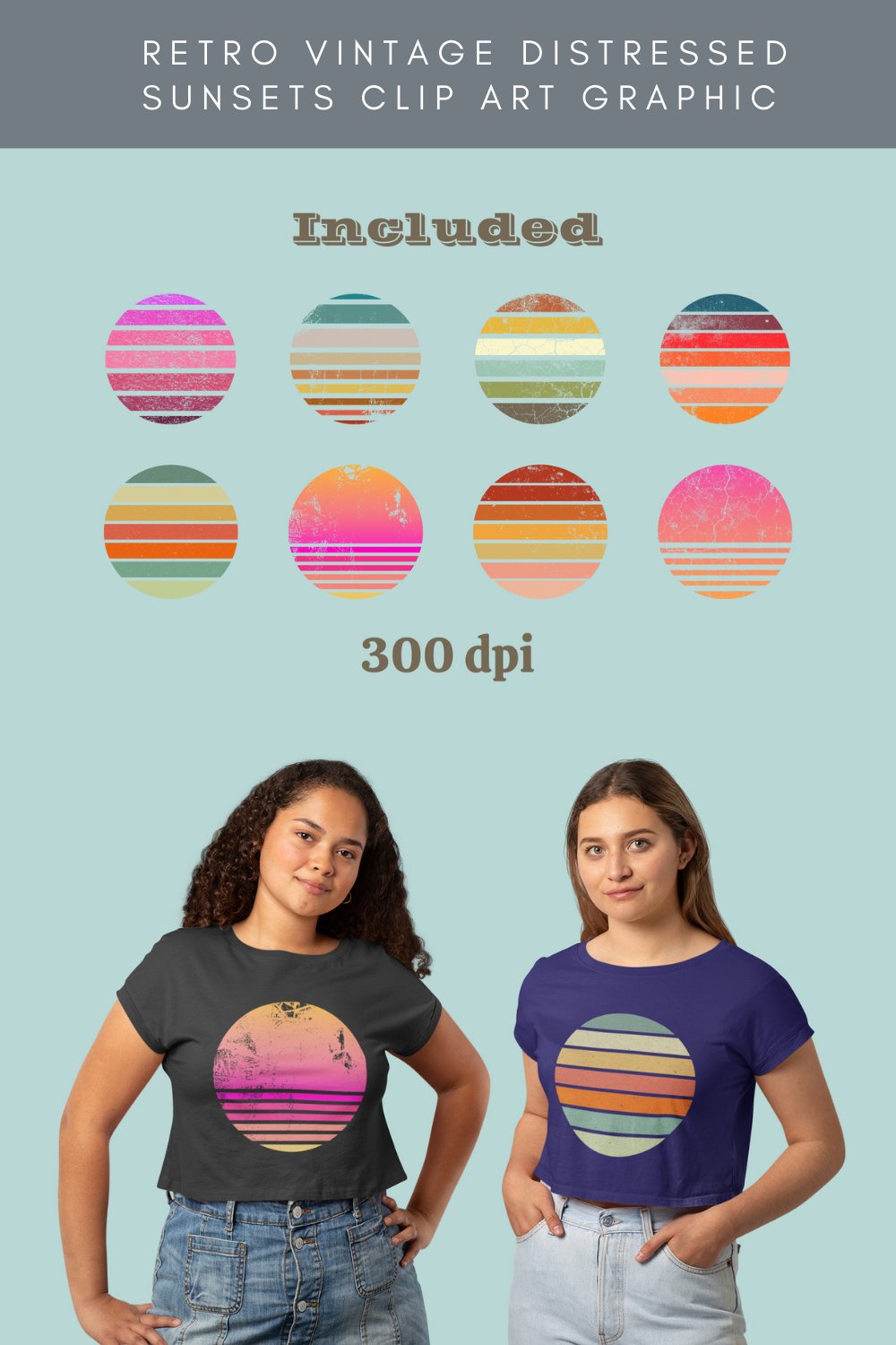 Retro Distressed Sunsets. Vintage Background Bundle - 8 PNG