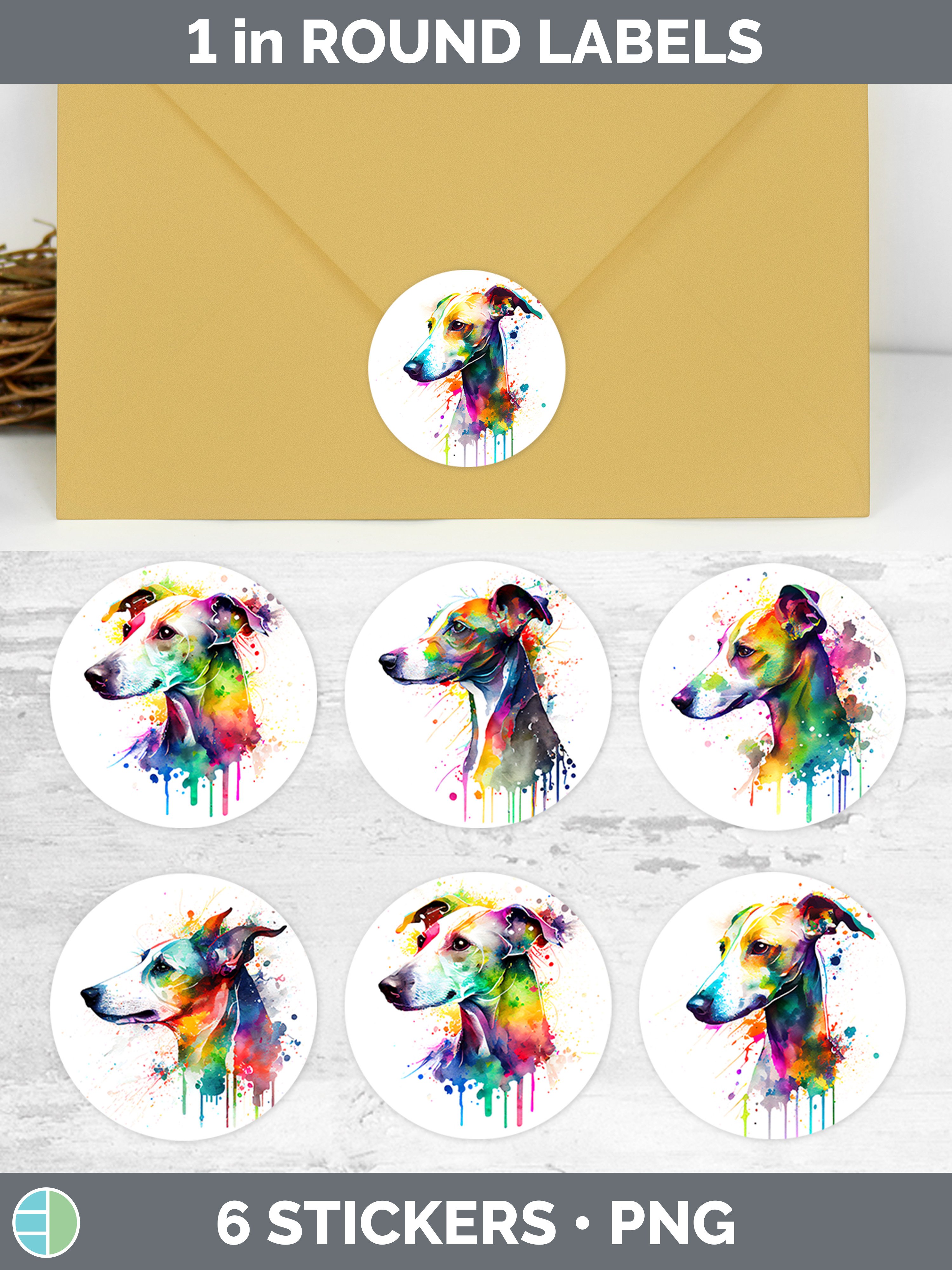 Rainbow Whippet Dog Stickers | Round Labels Designs Bundle