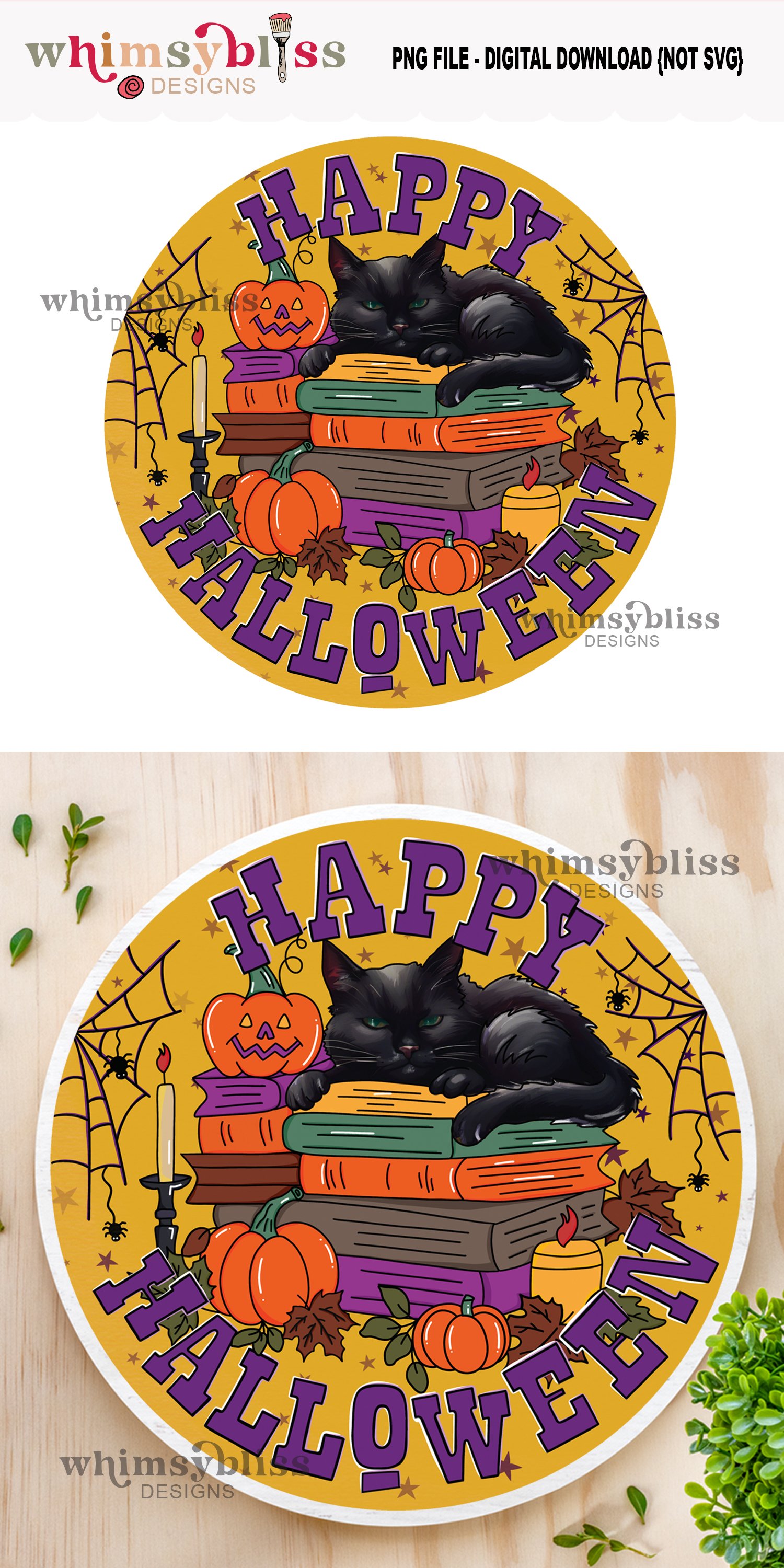 black cat on the top of books halloween round sign