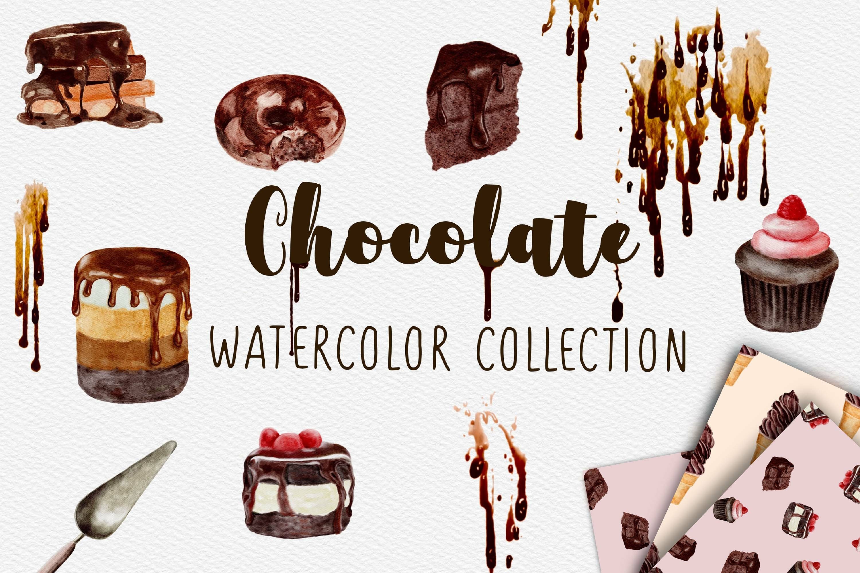 Watercolor Chocolate Set. Chocolate cakes collection.