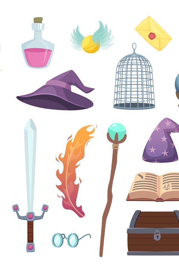 Magician tools. Wizard magic mystery broom potion witch hat