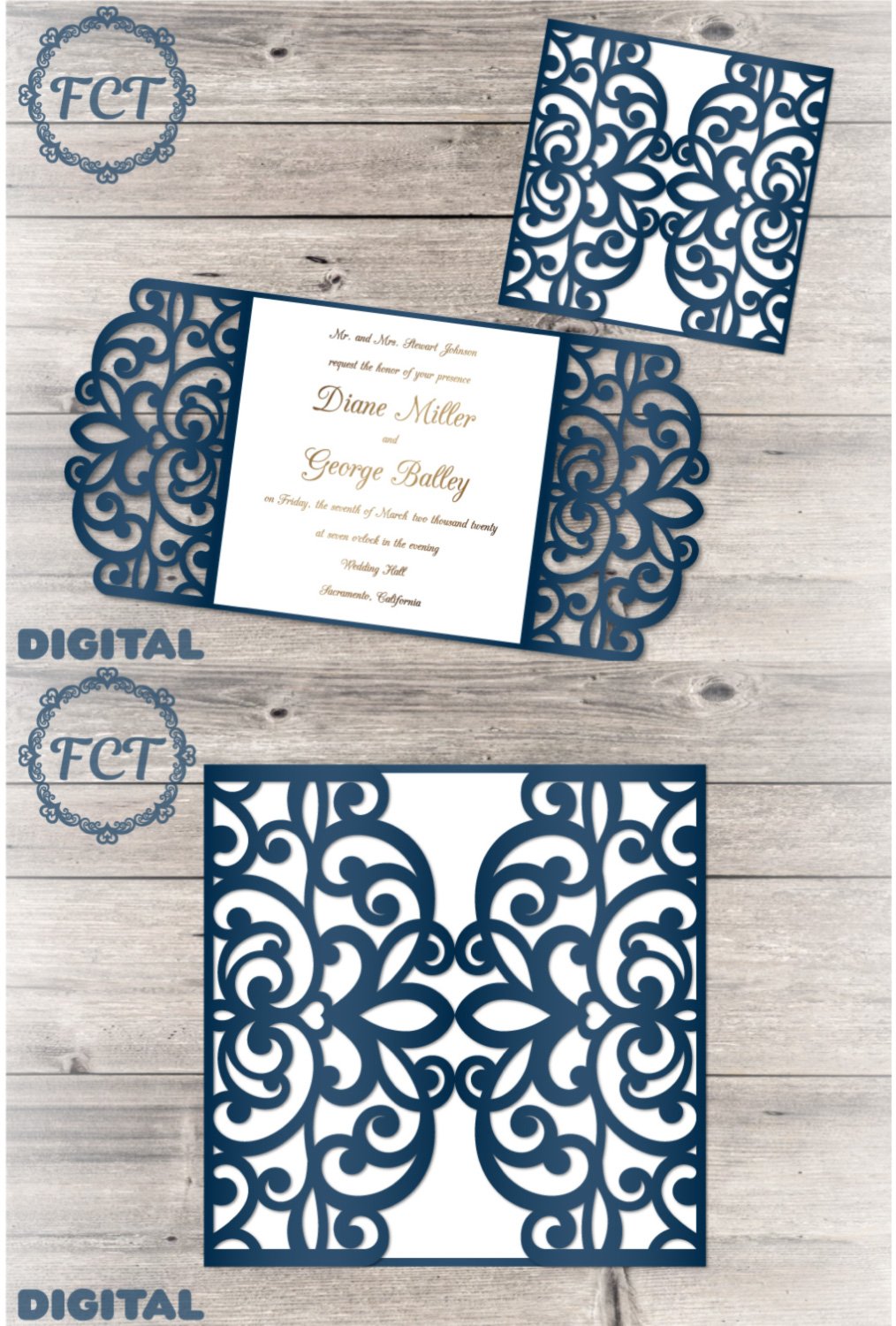 Gate fold card Wedding invitation SVG template Cricut