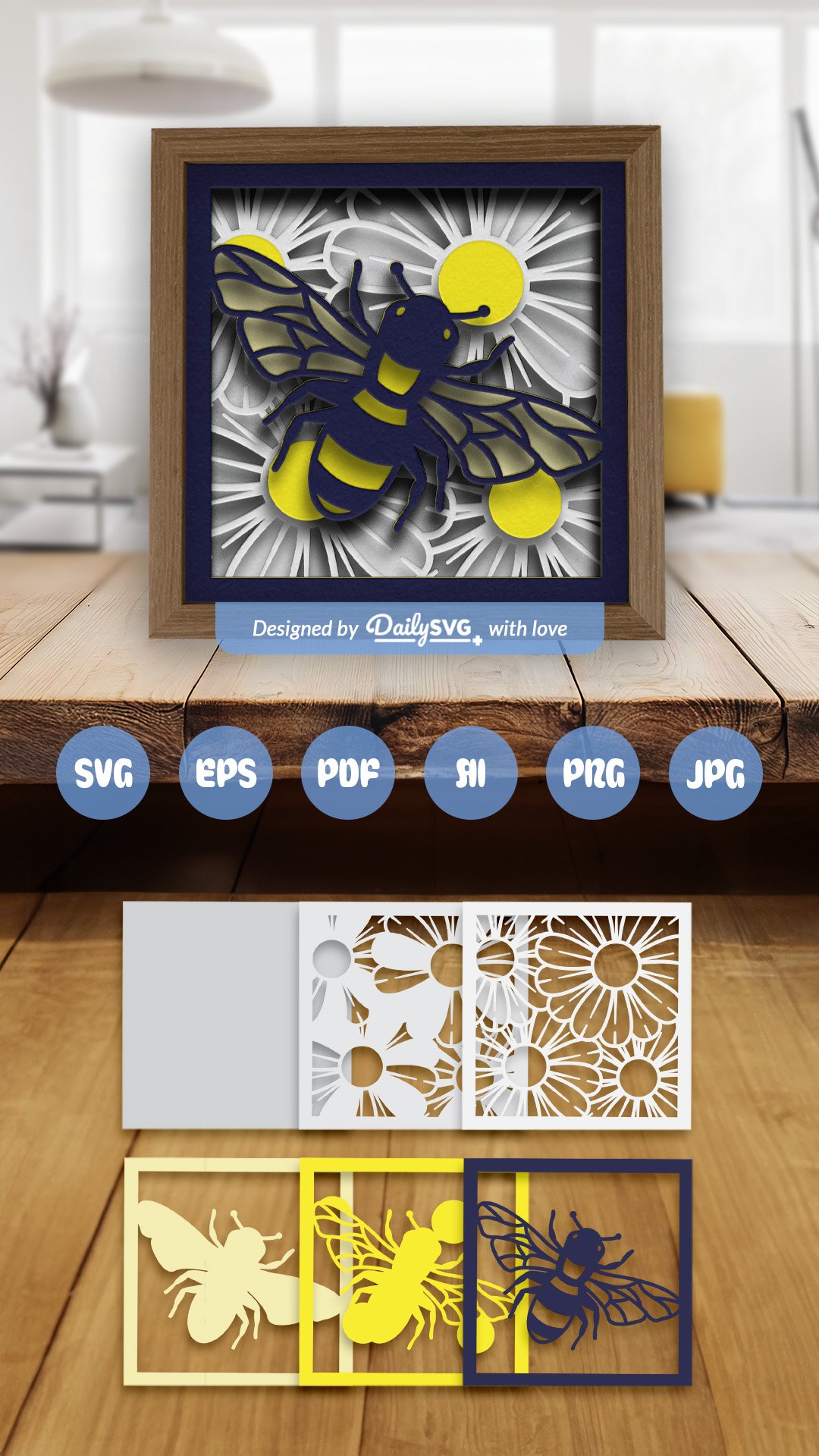 3D Shadow Box Floral Bee Layered Papercut