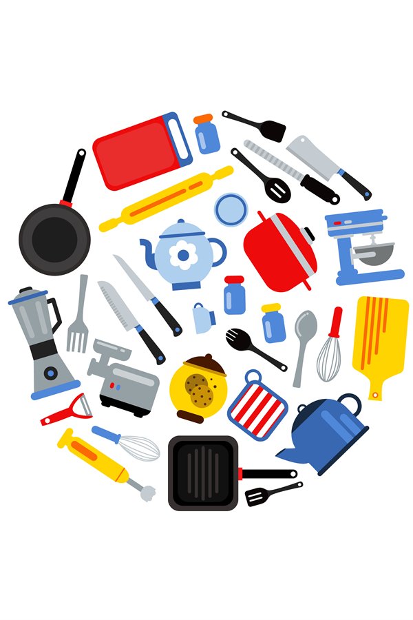 Vector flat style kitchen utensils gathered in circle illust